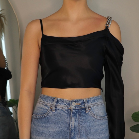 Zara | Tops | Zara Black One Shoulder Chain Satin Like Top Never Wore ...